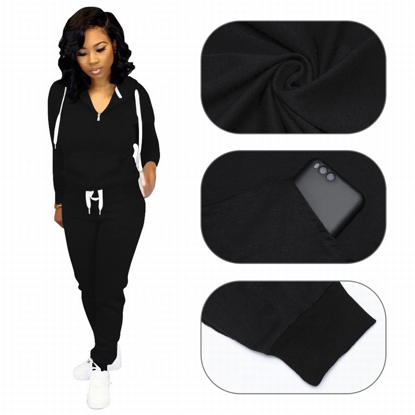 CLOCOR 2 Piece Outfits for Women - Casual 2 Piece Sweatsuit Pocket Tracksuit Long Sleeve with Patchwork Pants Set Black-1-L
