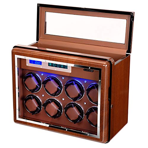 LUKDOF Walnut Watch Winder for 8 Automatic Watches Winding+ 6 Storage Slots LED Backlight Watch Display Box Touchscreen Automatic Rotation Case with Quiet Mabuchi Motors for Men and Women Gift
