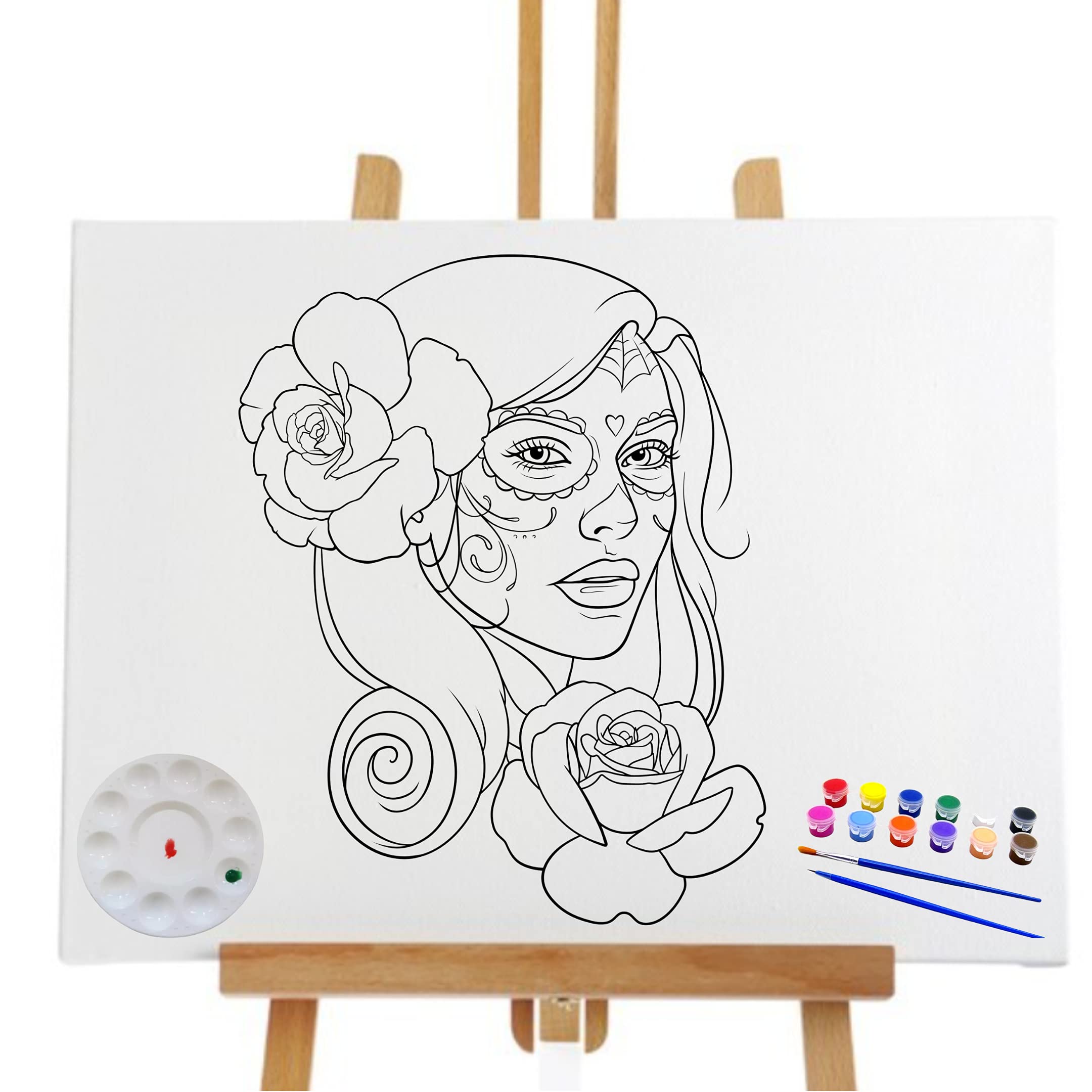 Essenburg Pre Drawn Canvas Paint Kit | Teen, Kids and Adult Sip and Paint Party Favor | DIY Date Night Couple Activity| Canvas Boards for painting| LADY OF THE DEAD (S 8x10 CANVAS ONLY)