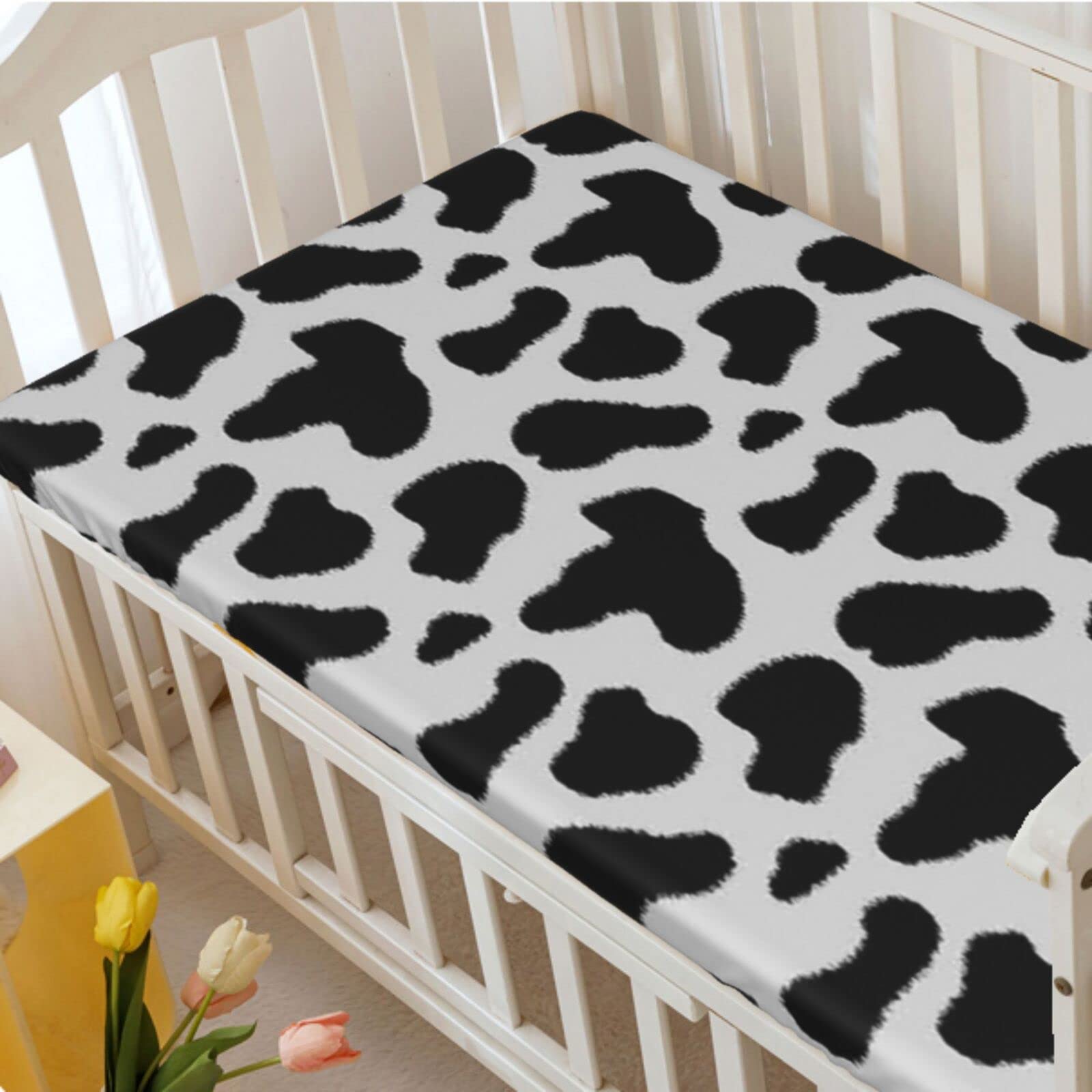 Cow Print Themed Fitted Mini Crib Sheets,Portable Mini Crib Sheets Soft & Stretchy Fitted Crib Sheet -Great for Boy or Girl Room or Nursery,38β x24β,Charcoal Grey White