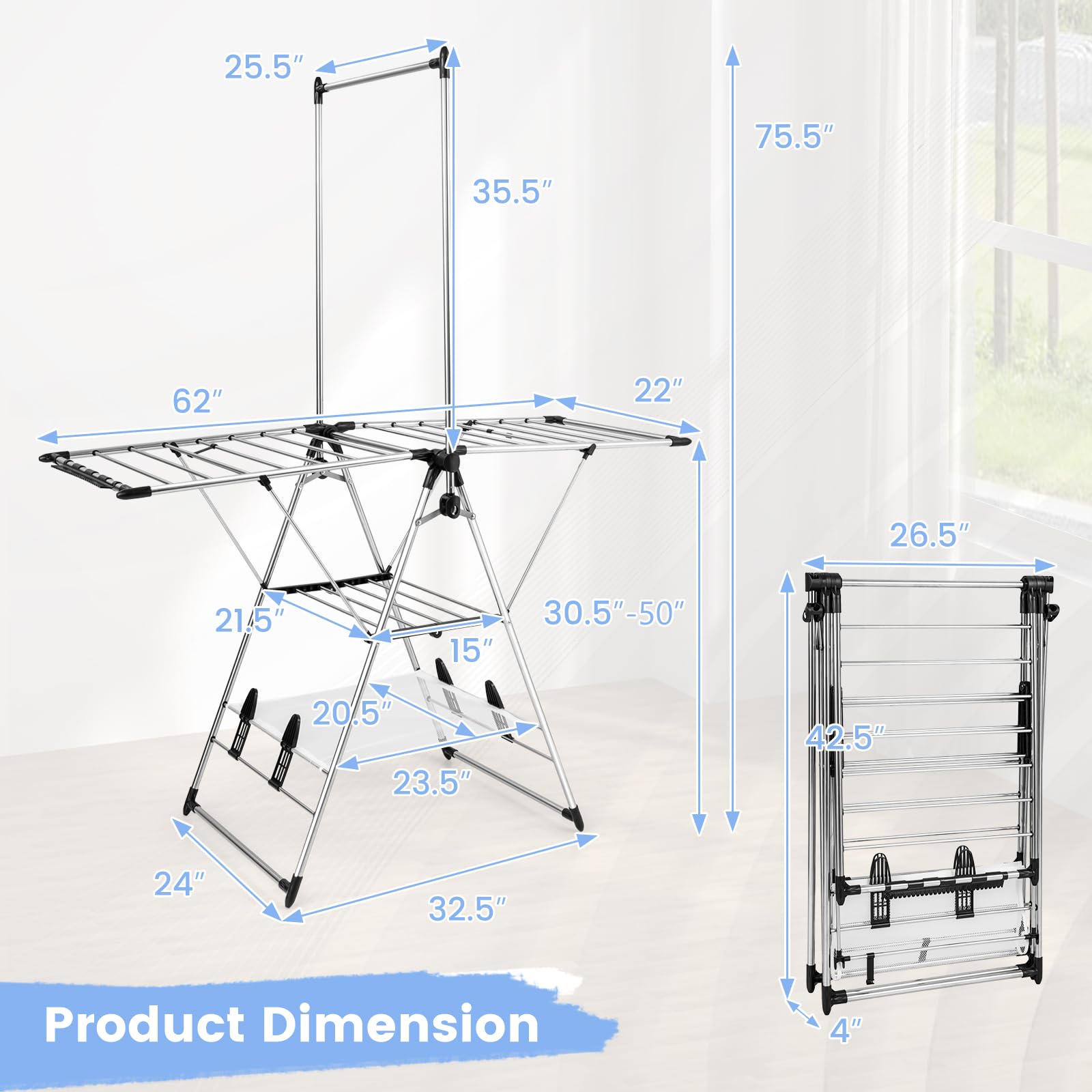 Giantex Clothes Drying Rack, Foldable Laundry Drying Rack with with 6-Level Adjustable Height, High Hanger Design, Side Clips, Space Saving Collapsible Laundry Drying Rack