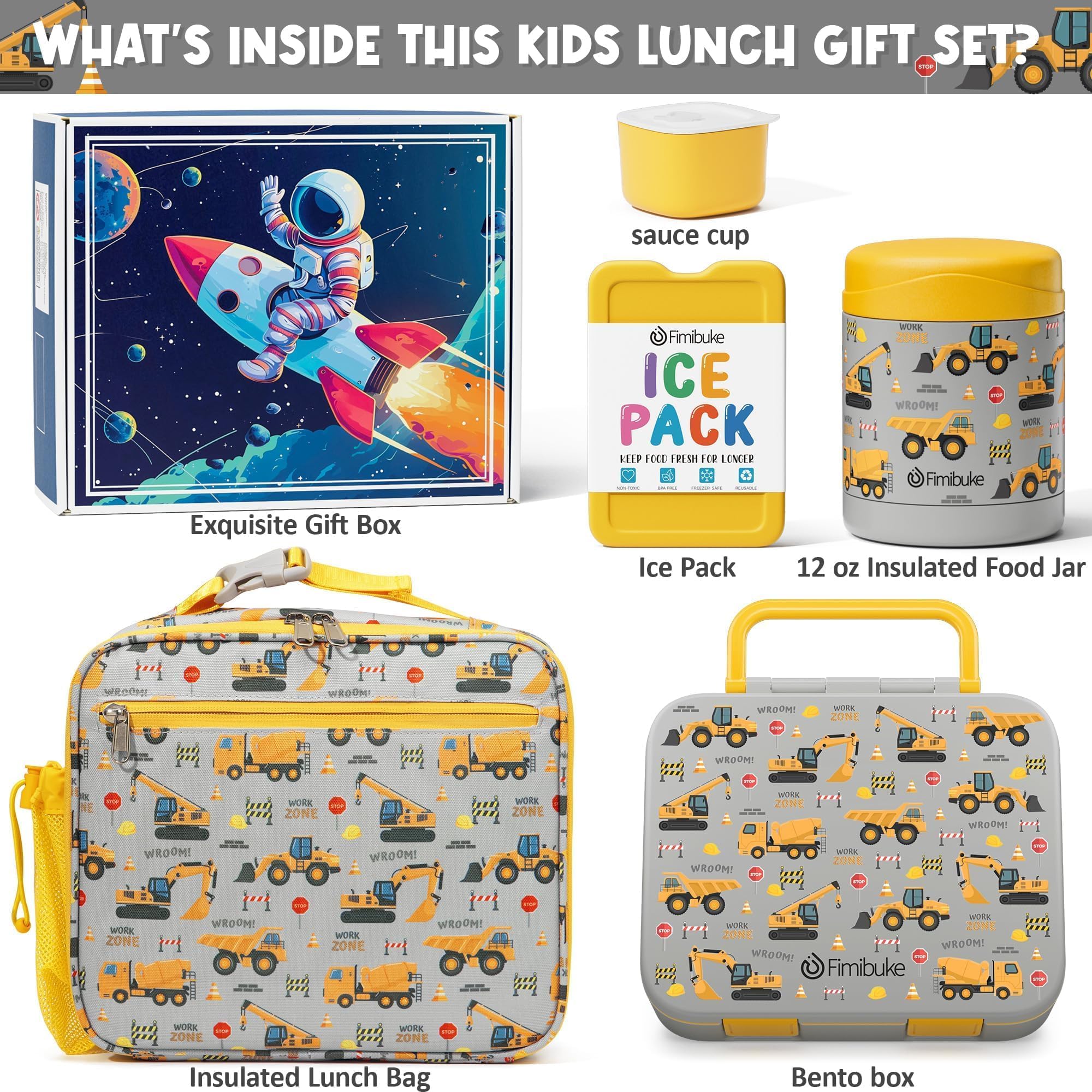 Fimibuke Kids Bento Box with Insulated Thermos Food Jar, Lunch Bag & Ice Pack Set, 3-Compartments Toddler Lunch Box, ONE-STOP Snack Lunch Container Solution for Ages 3-12 School Girls Boys - Trucks