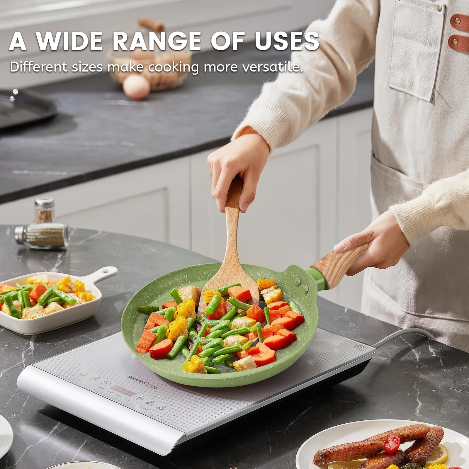 FTNESGYM Egg Pan Frying Pan Set, 7" 8.5" and 10" 3 Pieces Nonstick Crepe Pan Set, Omelet Pans, Flat Pan for Tortillas, Omelette, Pancake, Gas Stove Induction Compatible (Green)