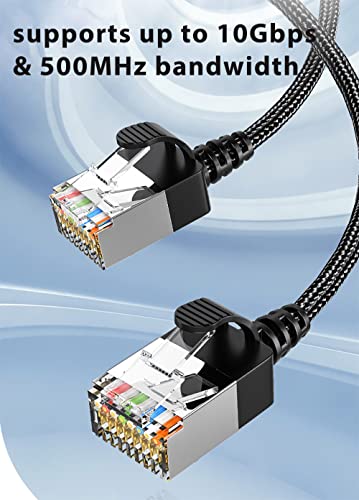 JUXINICE Ultra Thin CAT6a Ethernet Cable 1.5FT Short, Flexible and Light,Ultra Short Crystal Head is Easy to Bend Right Angle, 10Gigabit/Sec Network/High Speed Internet Cable in Nylon Black