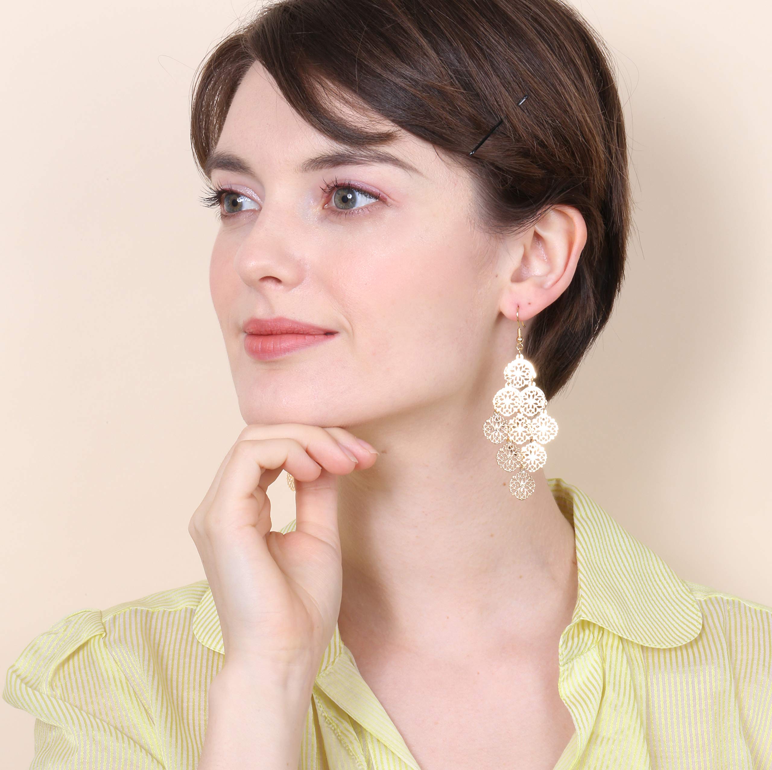 Boho Geometric Filigree Rhombus Shape Tiered Dangle Drop Statement Earrings (SHINE GOLD)