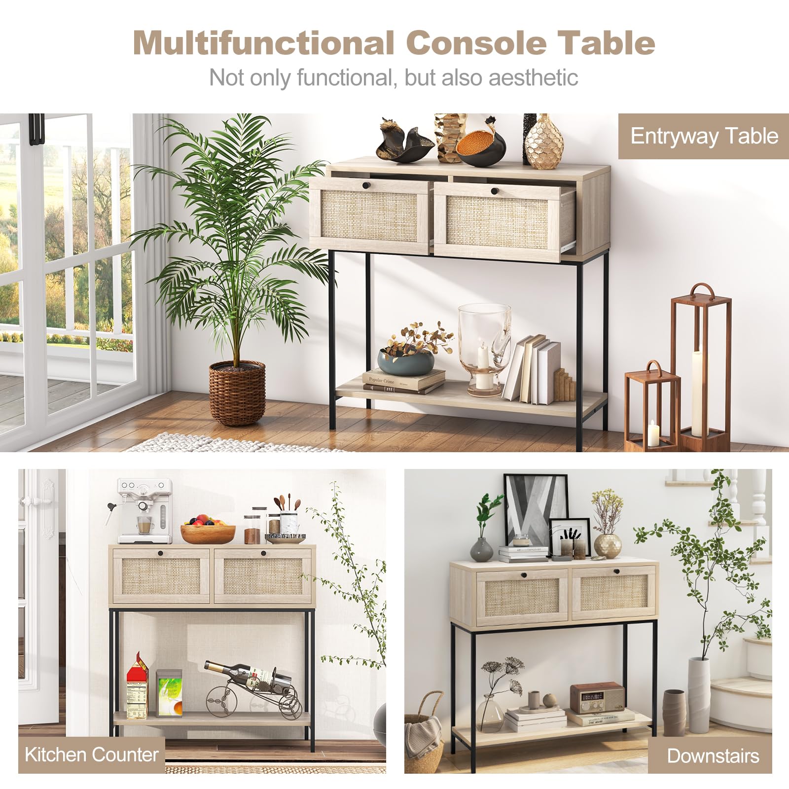 Giantex Console Table with Rattan Drawers - 31.5" Entryway Table w/ 2 Drawers & Open Storage Shelf, Metal Frame, Boho Style Long Sofa Side Table, Narrow Entry Table for Living Room Foyer Hallway