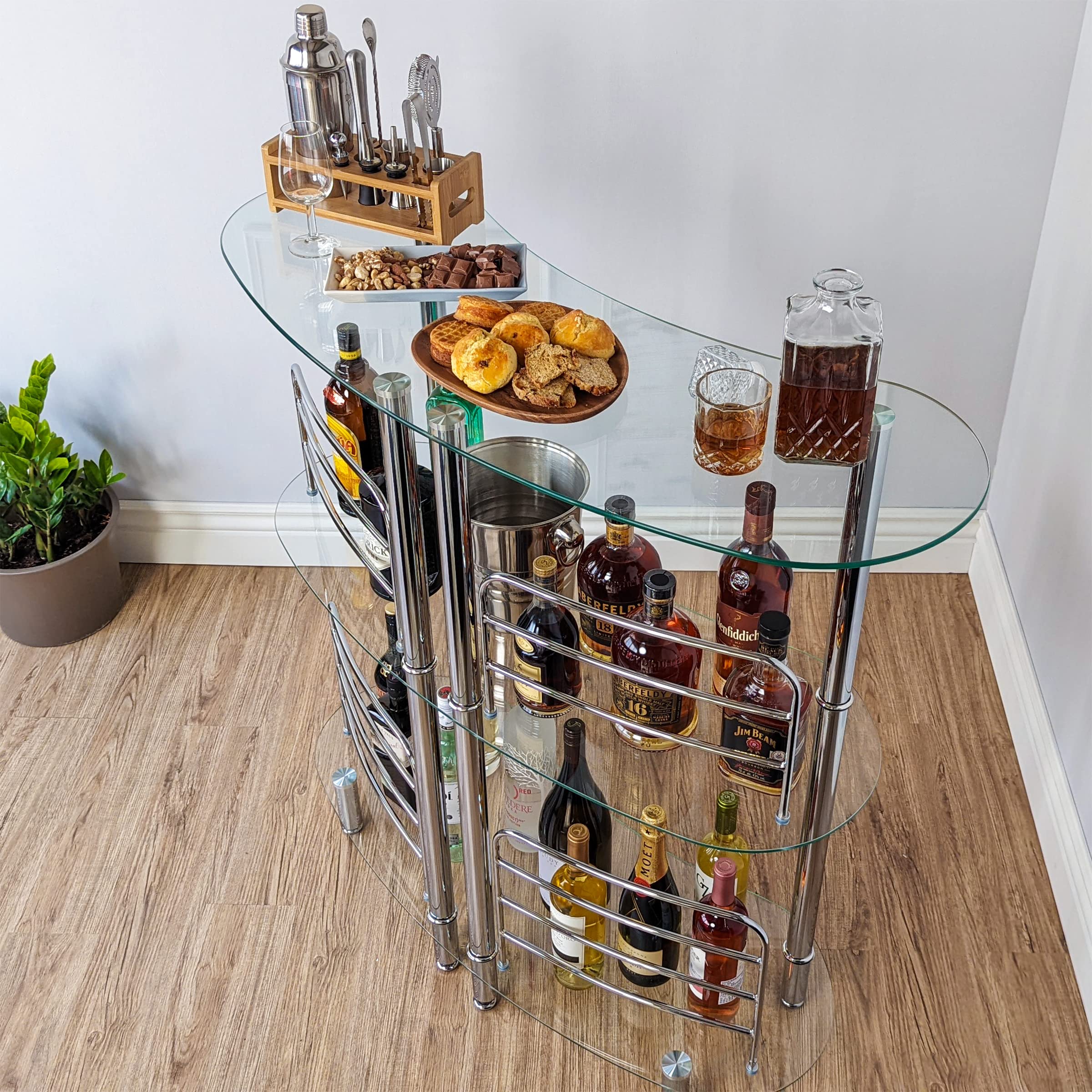 Mango Steam Bar Table for Home - Contemporary Modern Home Bar Unit, Liquor Bar with 2-Tier Storage Shelves, Durable Liquor Bar for Parties & Gatherings, 47" L x 13.6" D x 41" H - Clear
