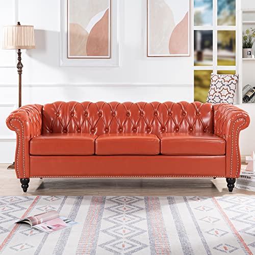 GEEVIVO 84.65" Large Sofa, Mid-Century PU Leather Sofa Modern Tufted Upholstered Futon Sofa Couch with Removable Cushion 3 Seater Scroll Arm Sleeper Sofa for Living Room/Bedroom/Apartment(Orange)
