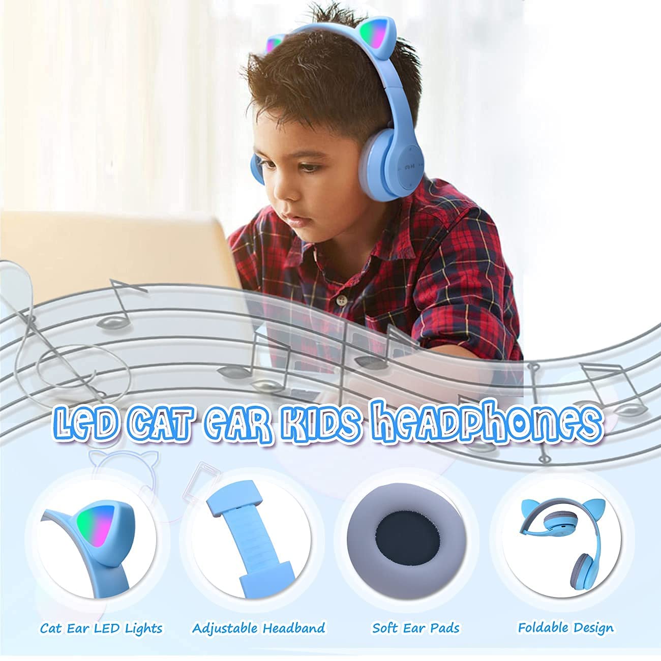 Bluetooth Cat Ear Kids Headphones with Mic, arVin Wireless/Wired Foldable Over-Ear Headset with Led Light UP & 85db Volume Limited for School, Online Learning, Boys, Girls, Children, Tablet, iPad & PC