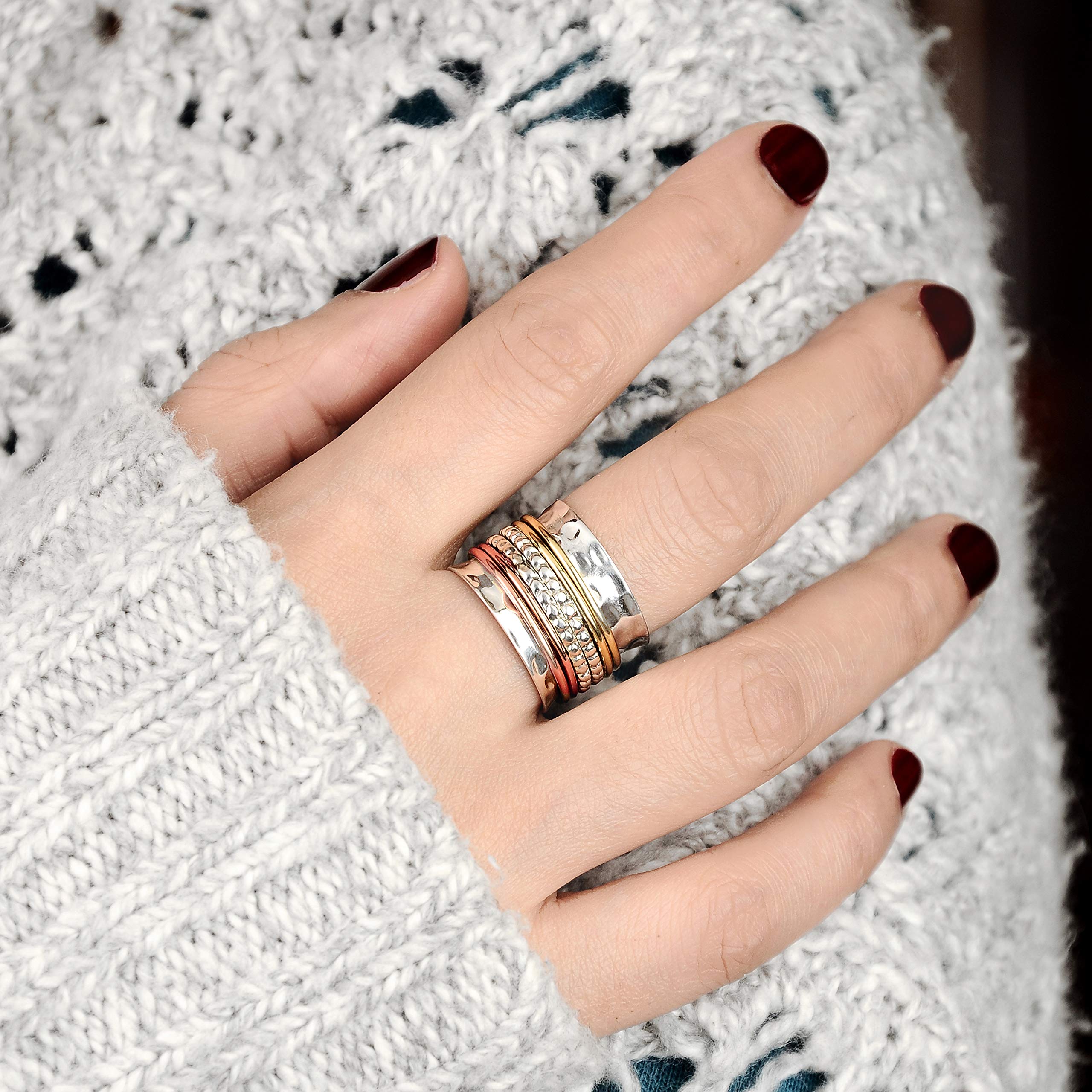 Boho-Magic 925 Sterling Silver Spinner Ring with Brass and Copper Fidget Rings for Women Wide Band (10)