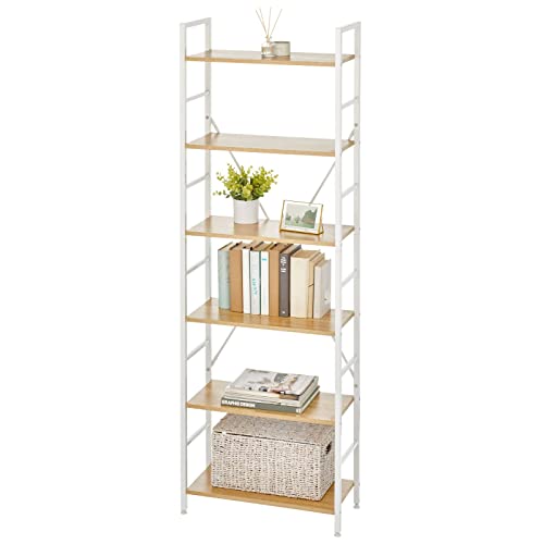 mDesign Industrial Metal and Wood 6 Tier Bookshelf, Tall Modern Etagere Bookcase Shelving Furniture Unit for Books, Plants, Pictures, Rustic Storage for Bedroom, Living Room, or Office, White/Oak