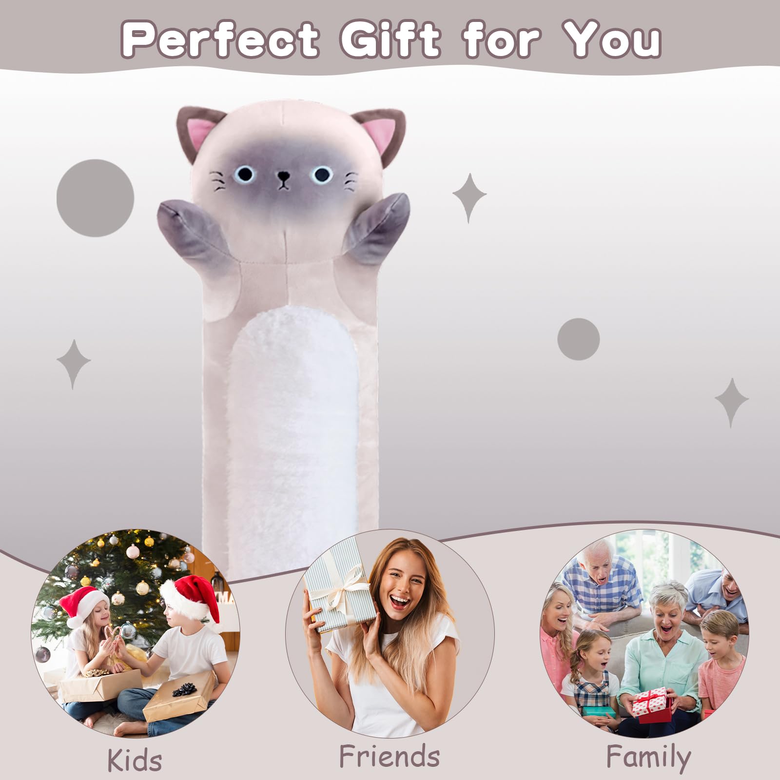 Finebee Long Siamese Cat Plush Body Pillows, Cute Siamese Cat Stuffed Animals Toy, Super Soft Long Siamese Cat Sleeping Hugging Pillow for Boys and Girls(50cm/19.6 inch)