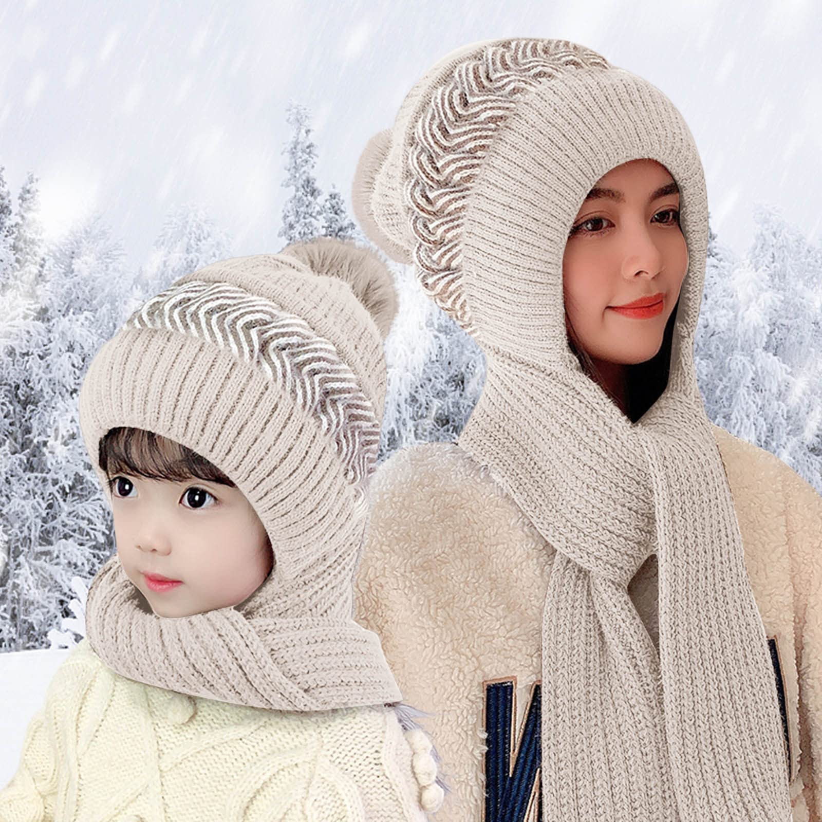 Cotton Ladies Women Winter Slouchy Knit Warm Hats Wool Cap Scarf Integrated Pullover Cap Cute Parent Child Knitted Hat