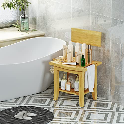 ETECHMART Bamboo Shower Bench with Back and Soap Dish, 2-Tier Shower Chair Bath Seat with Handle for Bathroom Bathtub Elderly Disabled, Waterproof Wood Spa Stool for Inside Shower Legs Shaving, Bamboo