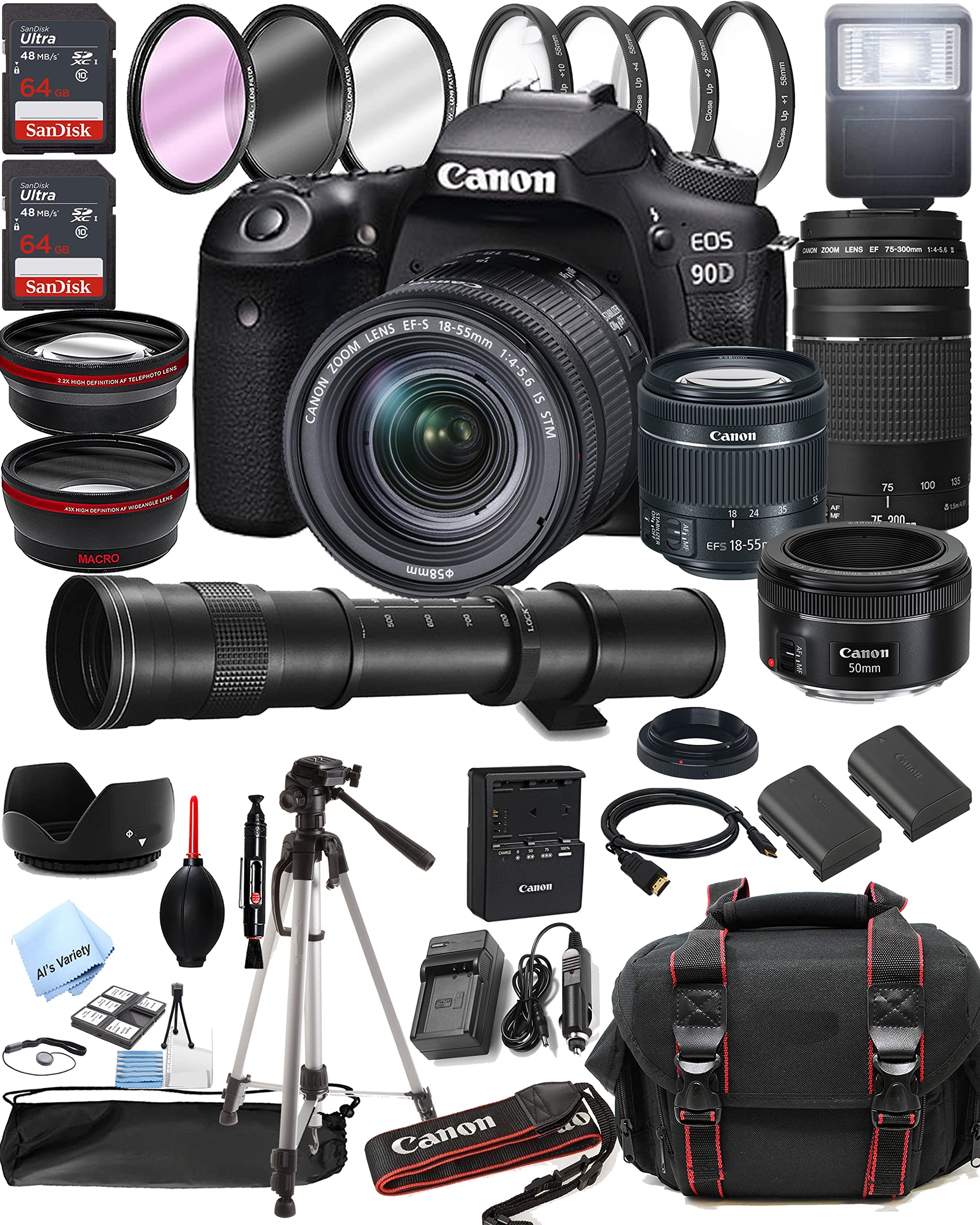 Canon EOS 90D DSLR Camera w/EF-S 18-55mm F/4-5.6 is STM Zoom Lens + 75-300mm F/4-5.6 III Lens EF 50mm f/1.8 STM Lens + 420-800mm Super Telephoto Lens + 128GB Memory (42pc Extreme Bundle) (Renewed)