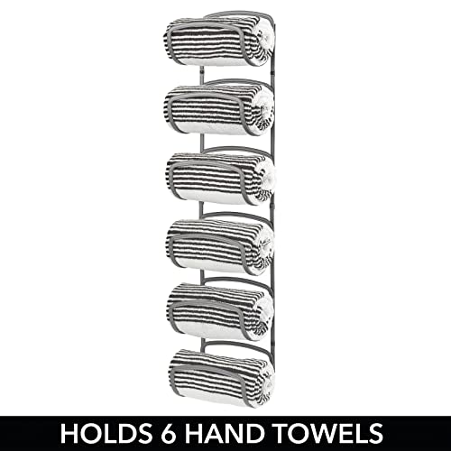 mDesign Steel Towel Holder for Bathroom Wall - Wall Mounted Organizer for Rolled Bath Towels - Six Level Wall Mount Towel Storage Rack - Bathroom Towel Organizer - Hyde Collection - Graphite Gray