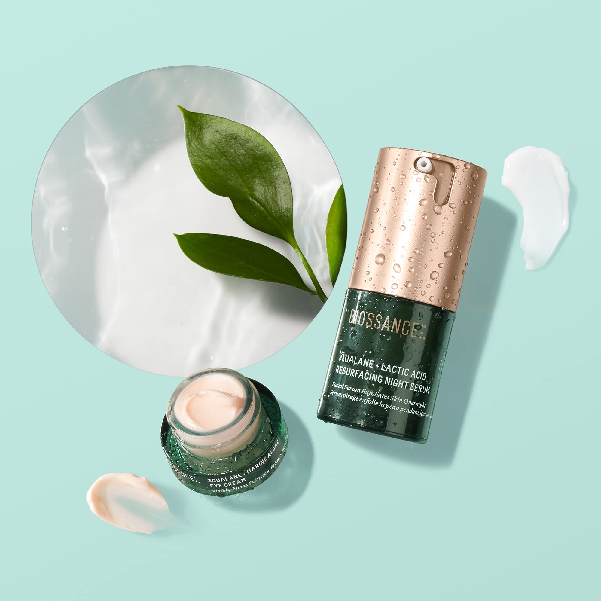 Biossance Lifted Spirits Set. Limited Edition Squalane + Lactic Acid Resurfacing Night Serum (.5 oz) and Squalane + Marine Algae Eye Cream (.1 oz)