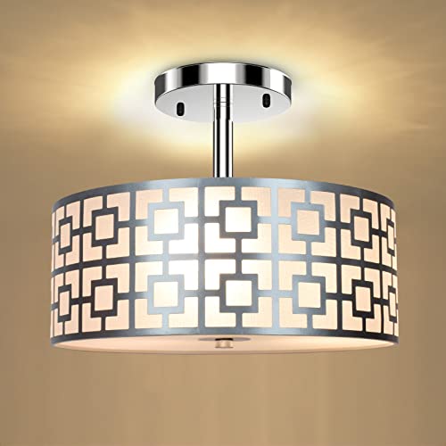 DLLT Semi Flush Mount Ceiling Light, 3-Light Modern Entry Light Fixture Ceiling Hanging with Drum Shade for Bedroom, Dining Room, Kitchen, Hallway, Entry, Living Room, Brushed Chrome Finish