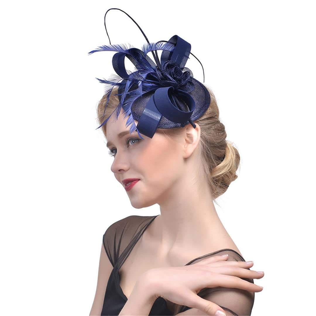 Cotton Mesh Hat for Women Wedding Solid Cocktail Tea Party Hair Accessories Hairpin Headband Navy