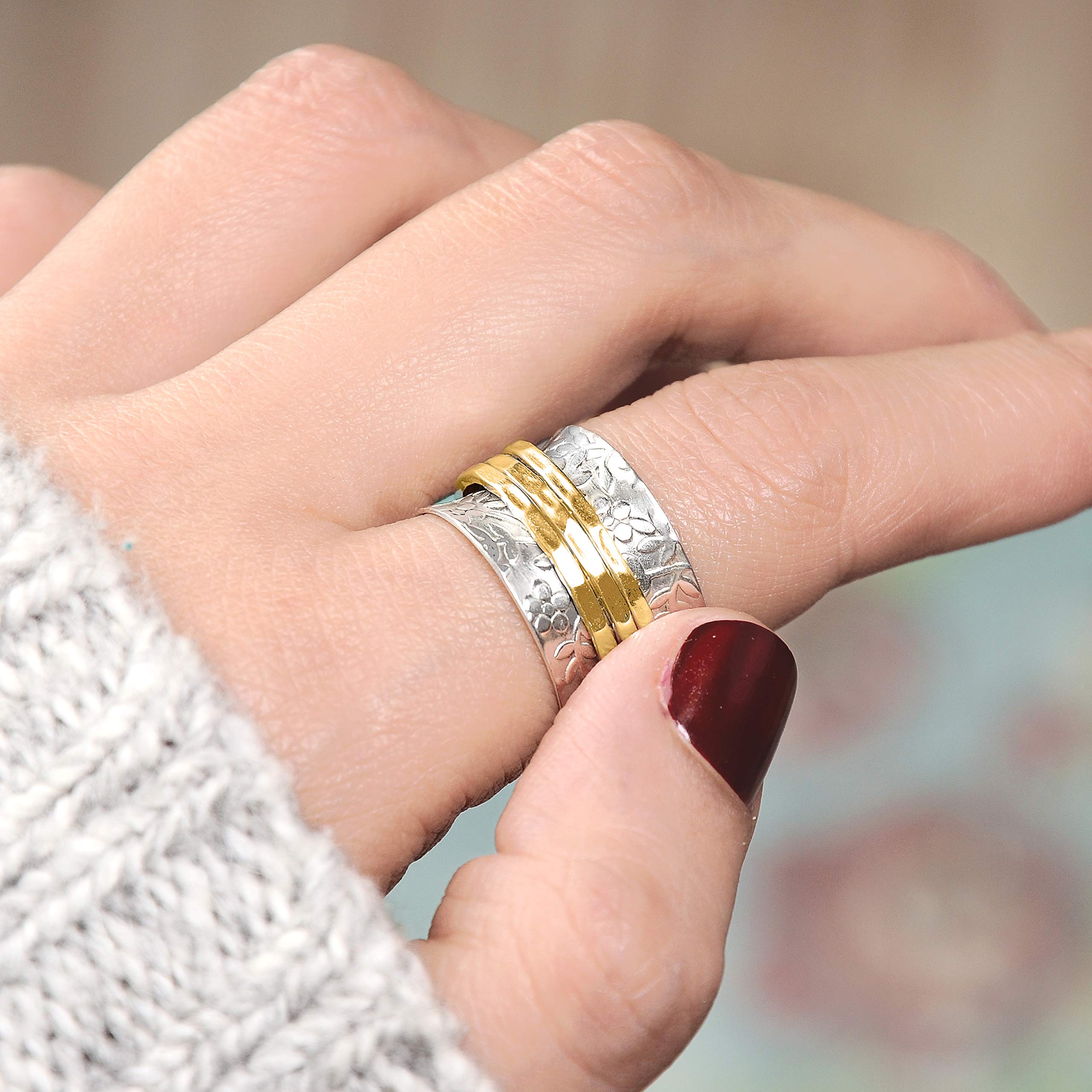 Boho-Magic 925 Sterling Silver Spinner Flowers Ring for Women with 3 Brass Fidget Rings Wide Band (9)
