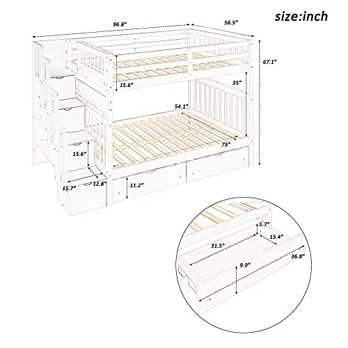 Harper & Bright Designs Full Over Full Bunk Beds with Storage Drawers and Stairway, Wood Bunk Bed Frame, Convertible Bunk Bed for Kids, Teens, Bedroom, Guest Room Furniture (White)