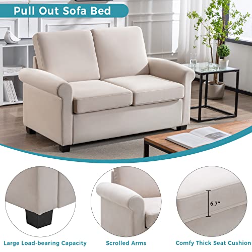 Harper & Bright Designs Pull Out Sofa Bed, Sleeper Sofa Bed with Premium Twin Size Mattress Pad, 2-in-1 Pull Out Couch Bed, Loveseat Sleeper for Living Room, Small Apartment, Beige White
