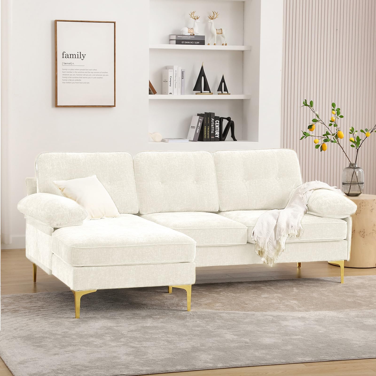 Fiona's magic L Shape Couch with Chenille Fabric, Convertible Sectional Sofa Couch for Living Room with Reversible Chaise, 3-Seat Modern Couch with Removable Cushion for Small Apartment