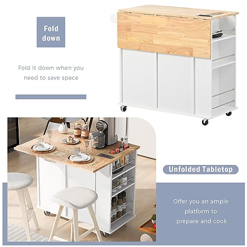Lunanniu Rolling Kitchen Island with Power Outlet Drop Leaf Wine Glass Holder- 5 Wheels Side Storage Cabinet & Drawers for Home Kitchen Room Rubber Wood Top Moveable Portable Kitchen Cart White