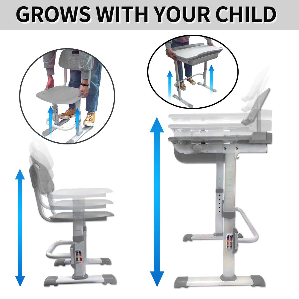 LVYUAN Kids Desk and Chair Set, Height Adjustable Kids Study Desk for Bedroom, Desk for Kids with Tiltable Desktop, 3 Modes Light, Go Back School Desk, Grey