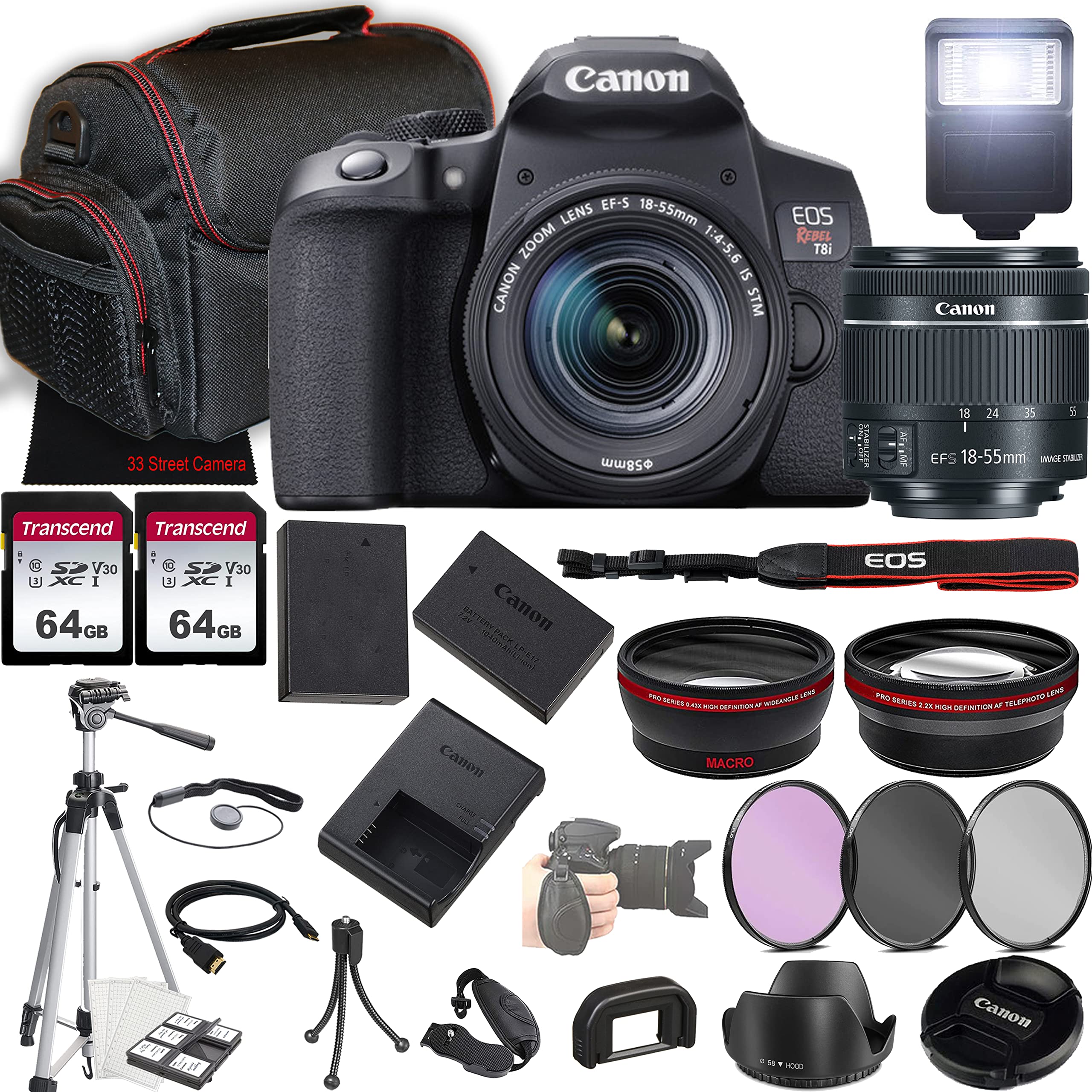 Canon EOS Rebel T8i DSLR Camera w/EF-S 18-55mm F/4-5.6 is STM Lens + 2X 64GB Memory + Case + Filters + Tripod + More (35pc Bundle)
