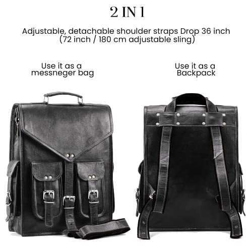 Handmade World Black Vintage Leather Backpack Laptop Messenger Bag Rucksack Sling for Men and Women (12" x 16")