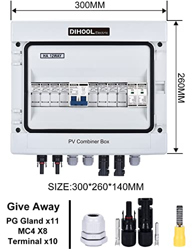 DIHOOL 4 String PV Solar Combiner Box for Solar Panels 10 Amp Fuse UV-Proof IP65 Waterproof Box DC500V