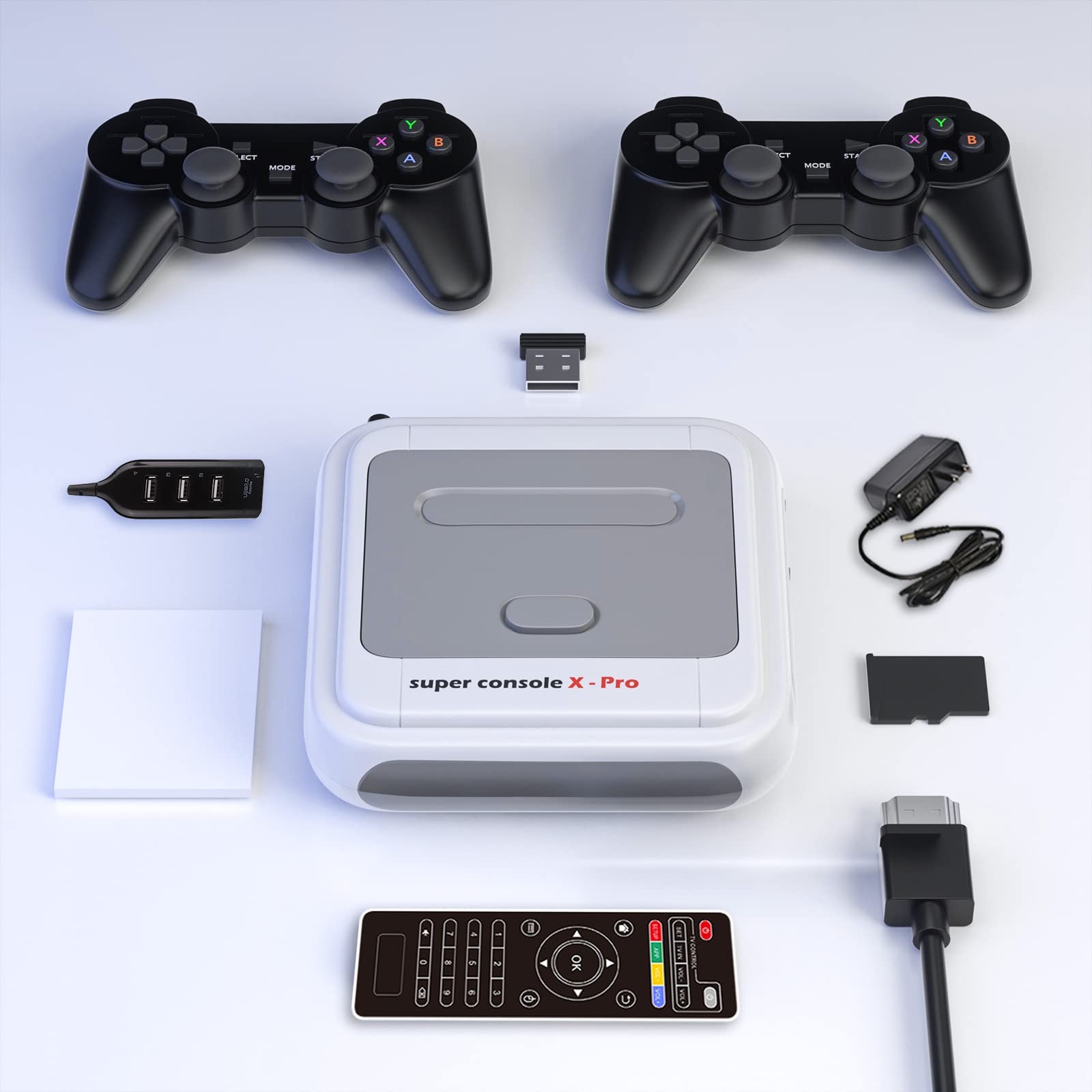Classic super console X PRO has EmuELEC game system/Android TV system,retro game console pre-installed with 90,000+ games, 62+ emulators。Support wifi/1000M Ethernet, plug and play video game console