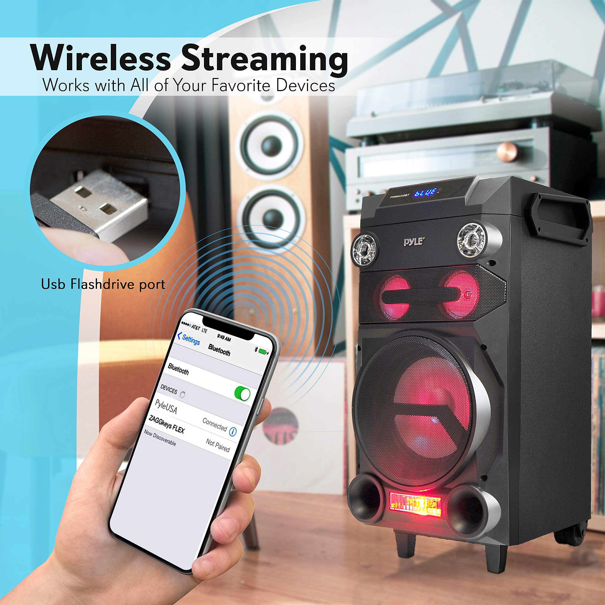 Pyle Portable Wireless Bluetooth Karaoke PA Loud speaker - 8'' Subwoofer Sound System with DJ Lights, Rechargeable Battery, FM Radio, USB / Micro SD Reader, Microphone, Remote - PWMA335BT