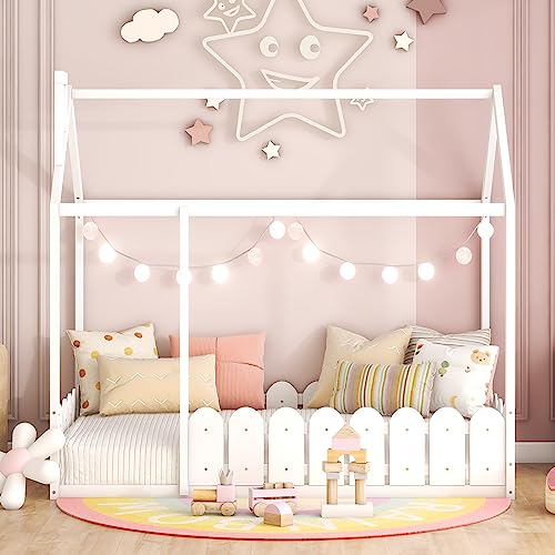 Harper & Bright Designs Twin Floor Bed for Kids, Wood Montessori Floor Bed Twin with Fence-Shaped Rails, Twin Size House Bed for Girls, Boys(Twin,White)