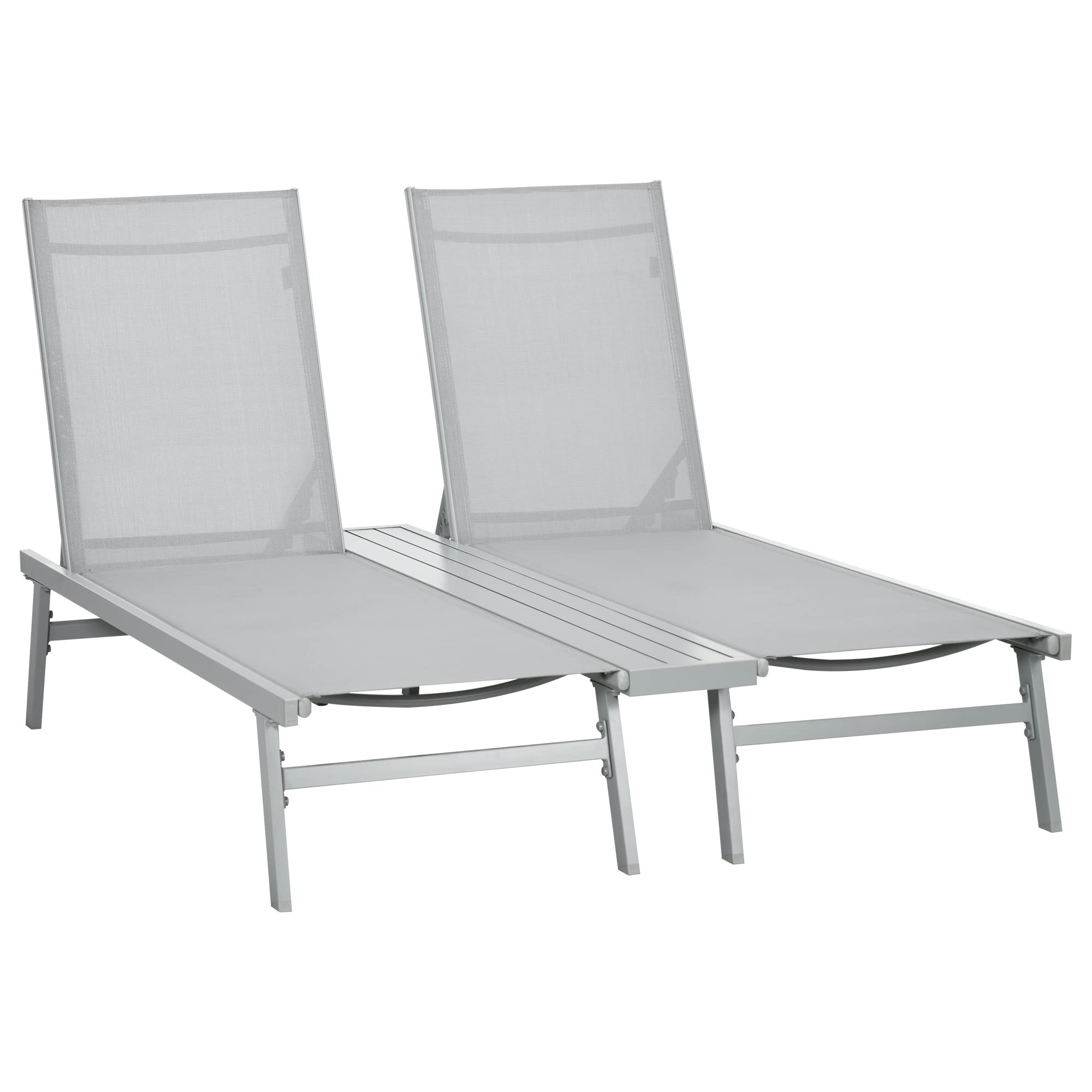 Outsunny Chaise Lounge Pool Chairs Set of 2, Aluminum Outdoor Sun Tanning Chairs with Five-Position Reclining Back, Shelf & Breathable Mesh for Beach, Yard, Patio, Light Gray
