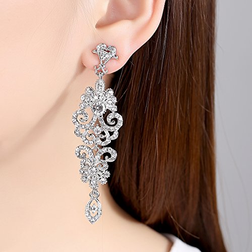 mecresh Silver Vintage Style Wedding Crystal Rhinestone Cluster Chandelier Hollow Dangle Earrings