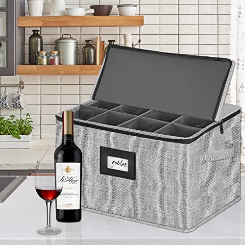 homyfort Wine Glass Storage Boxes with Dividers,China Storage Containers Stemware Chest Boxes Holds 12 Wine Glass or Crystal Glassware with Label Window and Handles,Hard Shell and Stackable (Grey)