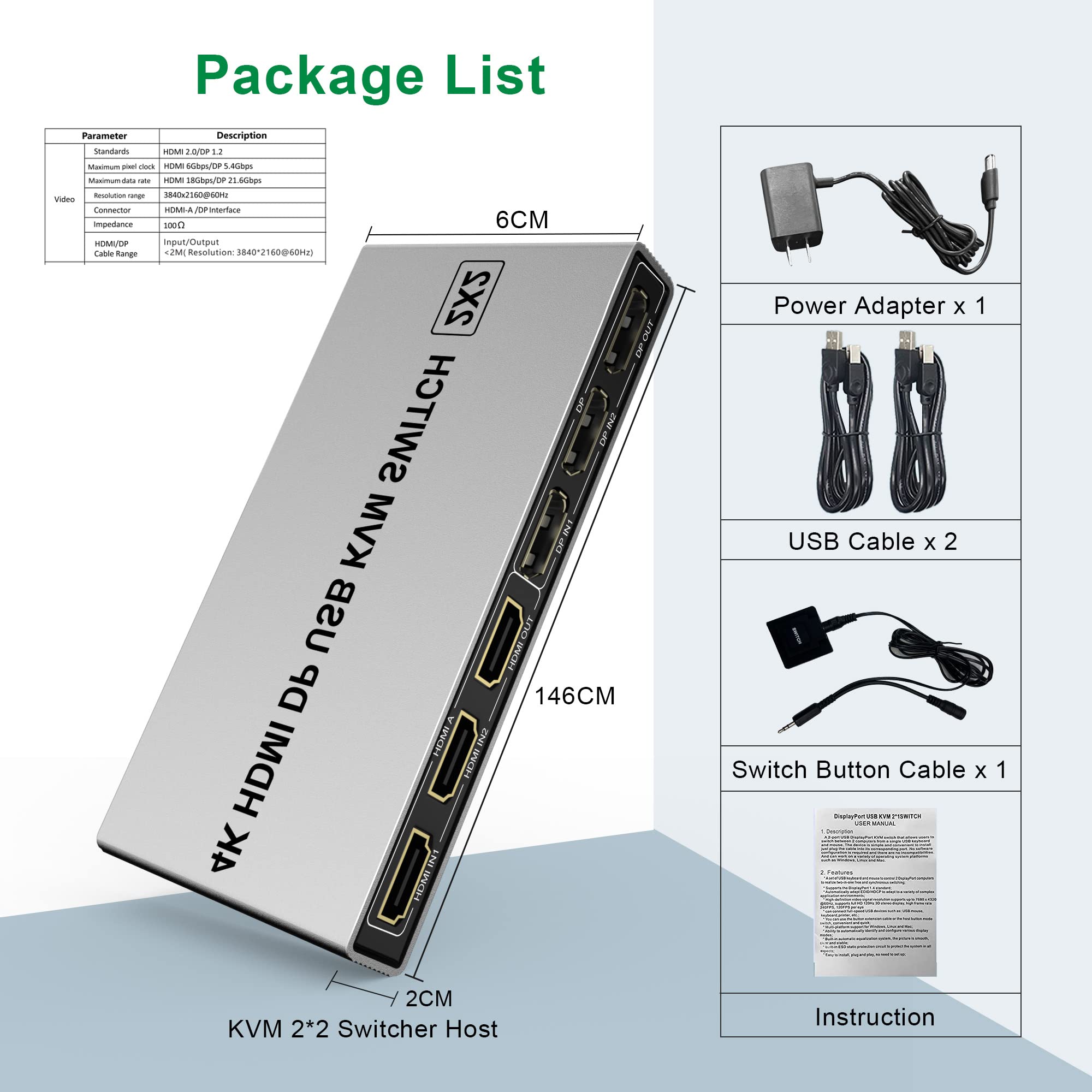 Dual Monitor DisplayPort HDMI KVM Switch 4K@60Hz 2-Port Extended Display 2 in 2 Out KVM Switch 2 Monitors 2 Computers Displayport and HDMI, with 3xUSB, Audio Port, Included 2xUSB Cables, Controller
