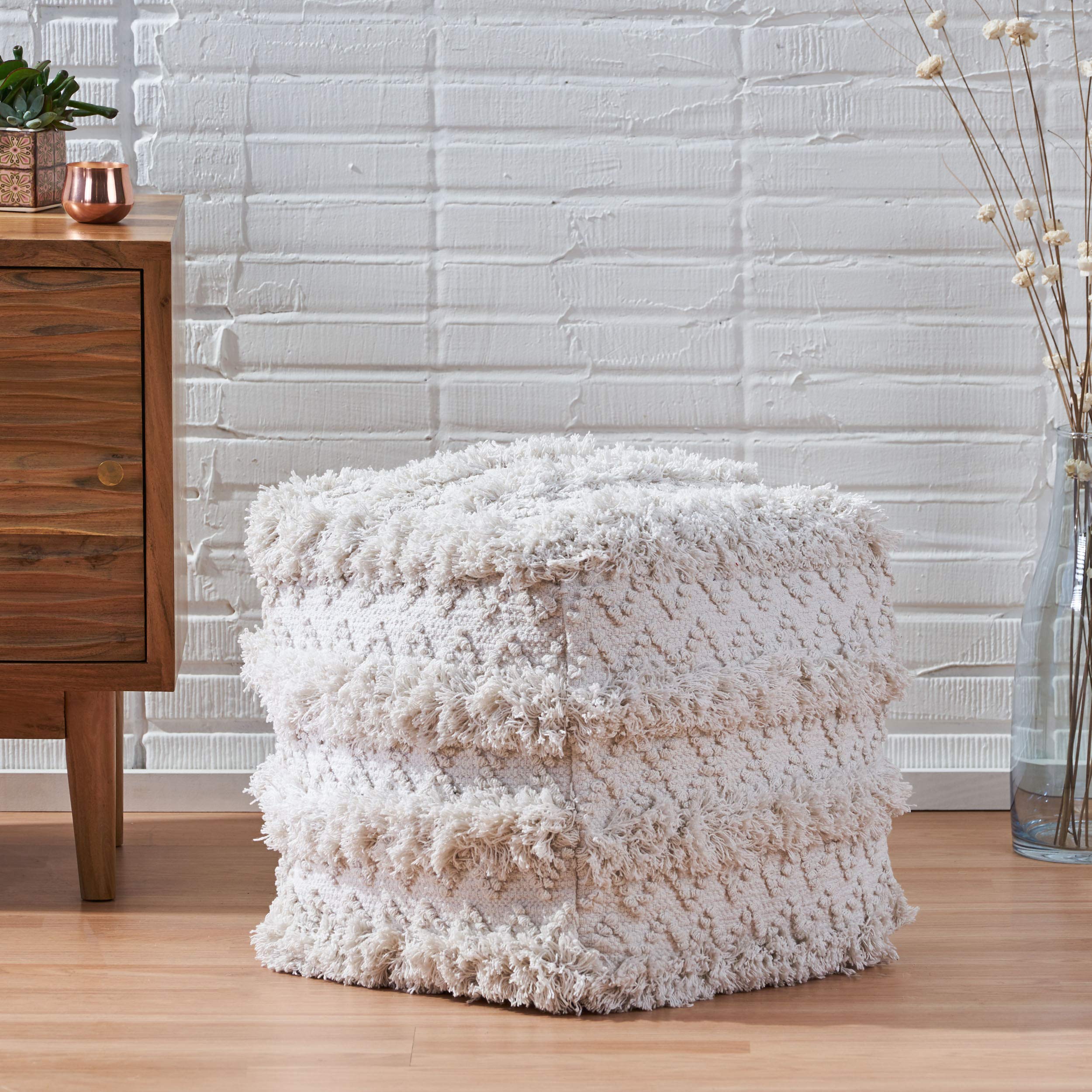 Christopher Knight Home Anna Boho Fabric Cube Pouf, White