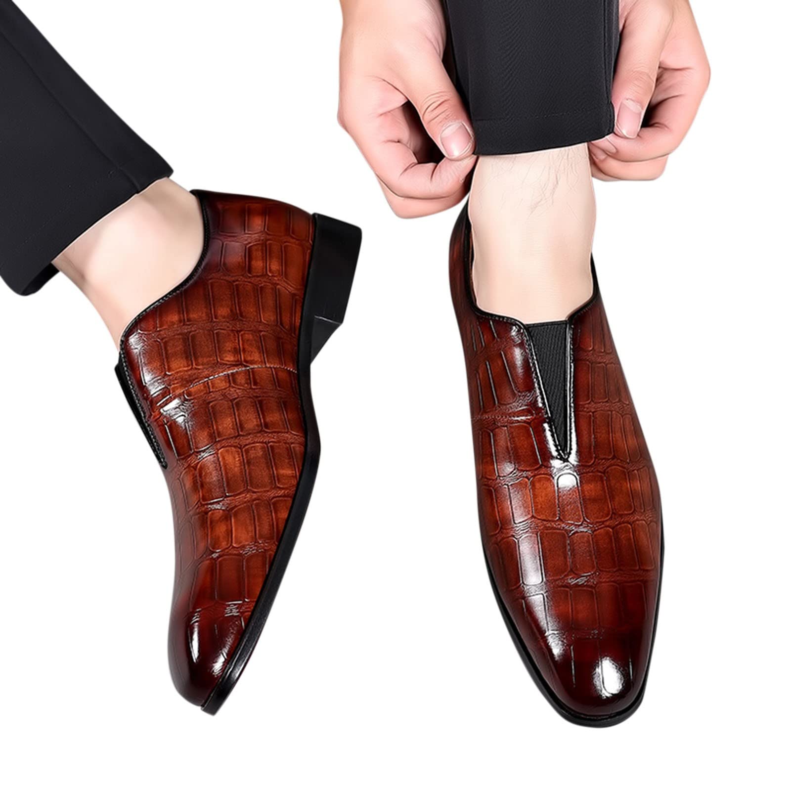 Classical Style Shoes for Men Slip On PU Leather Low Rubber Sole Block Heel Work Loafer Leather Shoes Men Brown