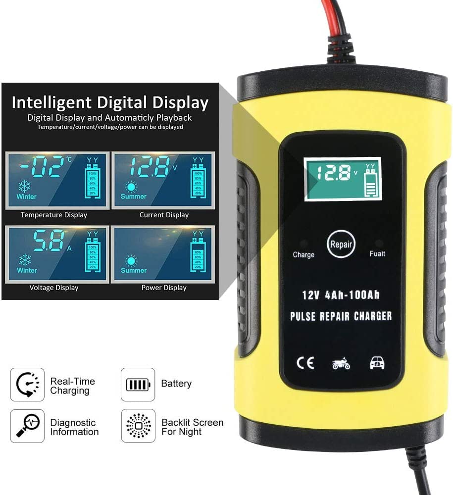 Car Battery Charger, 12V 6 Amp Intelligent Fully Automatic Battery Charger/Maintainer, with LCD Screen Display, Impulse Repair, 3 Stage Charging, Summer and Winter Mode- US Plug