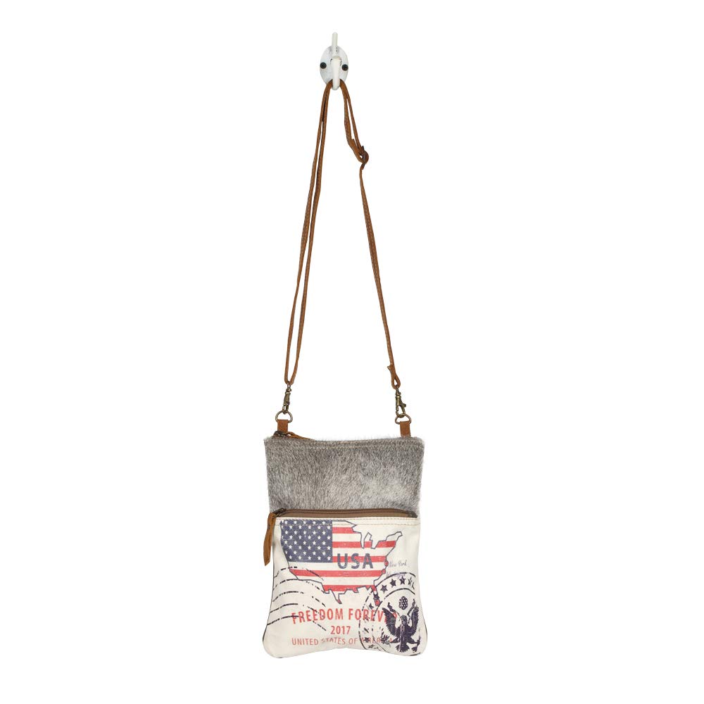Myra Bag Freedom Forever Upcycled Canvas & Cowhide Leather Small Crossbody Bag S-1258 , Brown , One Size