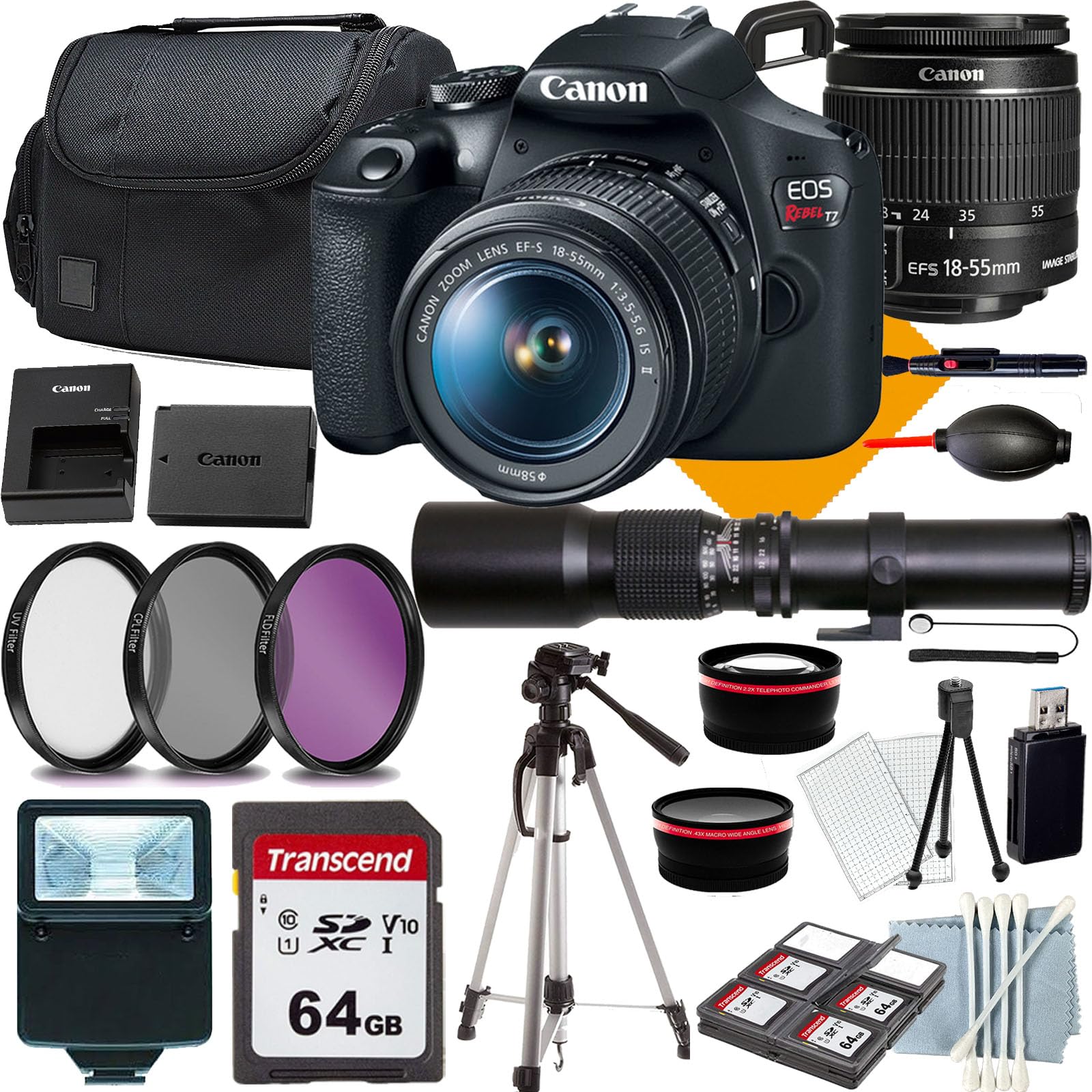 Canon EOS Rebel T7 DSLR Camera with 18-55mm+500mm f/8.0 Telephoto Lens for T-Mount+Commander Starter Kit+Lens Filters+CASE+64Memory Cards(18PC)