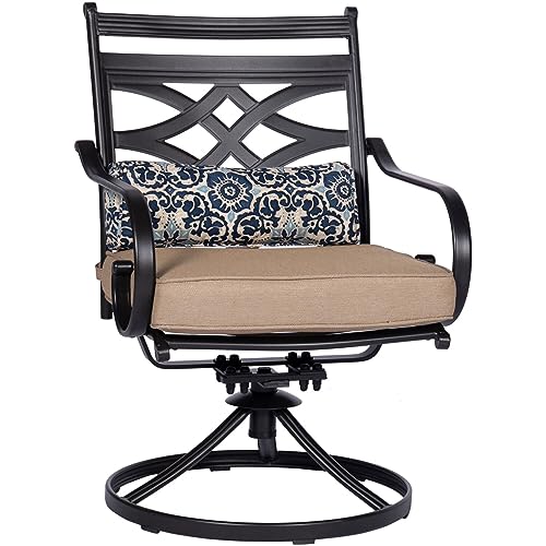 Hanover Montclair 3-Piece All-Weather Outdoor Patio Bistro Dining Set, 2 Swivel Rocker Chairs with Comfortable Seat and Lumbar Cushions, 27" Square Stamped Rectangle Table, Tan