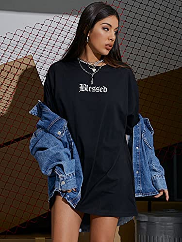 WDIRARA Women's Graphic Short Sleeve Drop Shoulder Oversized Tee Round Neck T Shirts Letter Print Black M