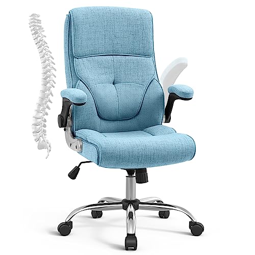 YAMASORO Ergonomic Executive Office Chair Linen Fabric Home Office Desk Chairs with Armrest and Wheels, High Back Computer Chairs for Adults,Blue