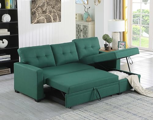 FAVSH Linen Upholstered Sectional Sofa,L-Shape Convertible Sleeper SectionalSofa with Storage Chaise and Pull-Out Bed for Living Room,Apartment,Office,Green