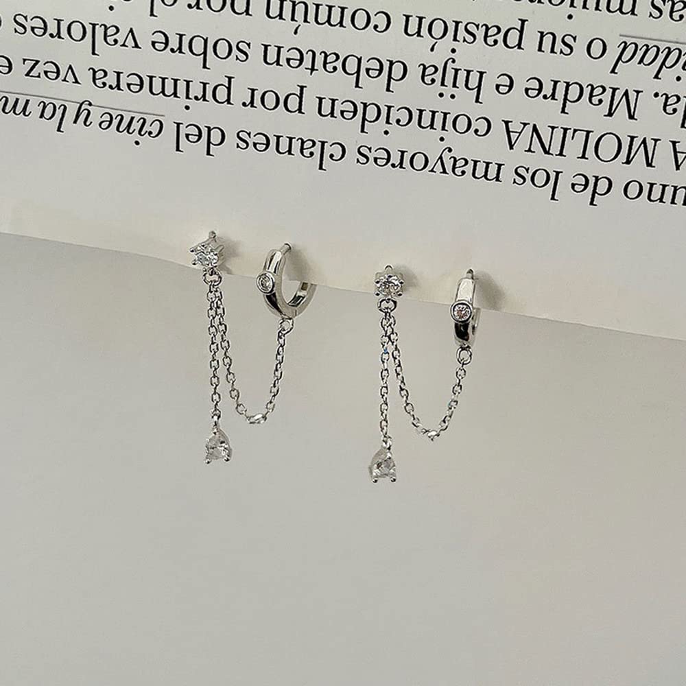 Cute Teardrop CZ Charm Threader Chain Cuff Dangle Drop 925 Sterling Silver Small Hoop Round Cubic Zirconia Stud Double Piercing Cartilage Earrings for Women Dainty Huggie Hoops Short Tassel Dangling Two Holes Climber Crawler Hypoallergenic Jewelry Gifts B