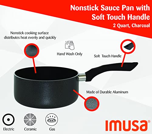 IMUSA USA 2 Quart Charcoal Exterior Sauce Pan with Nonstick Interior and Black Soft-Touch Handle